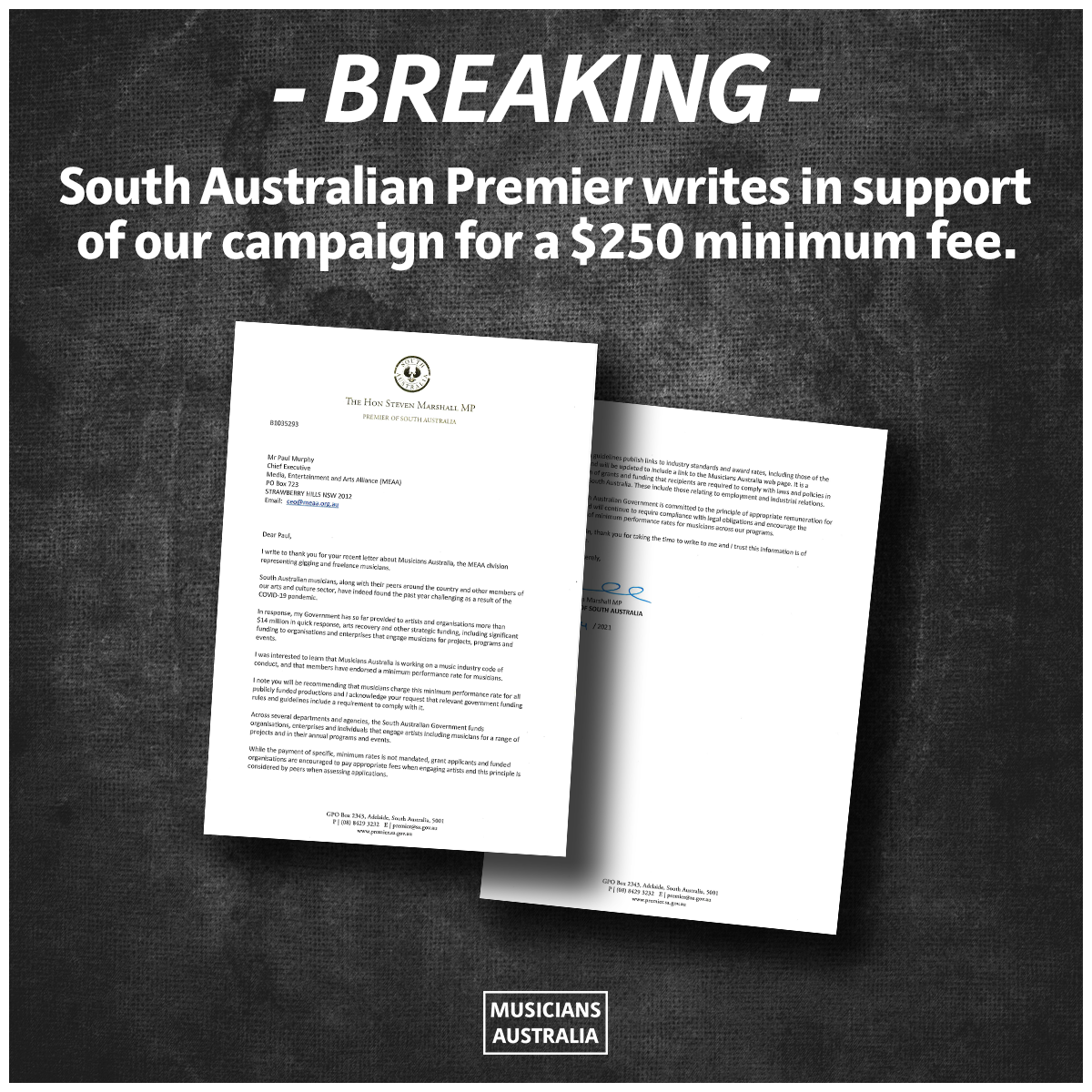 $250 Campaign Update – A Letter From the South Australian Premier ...